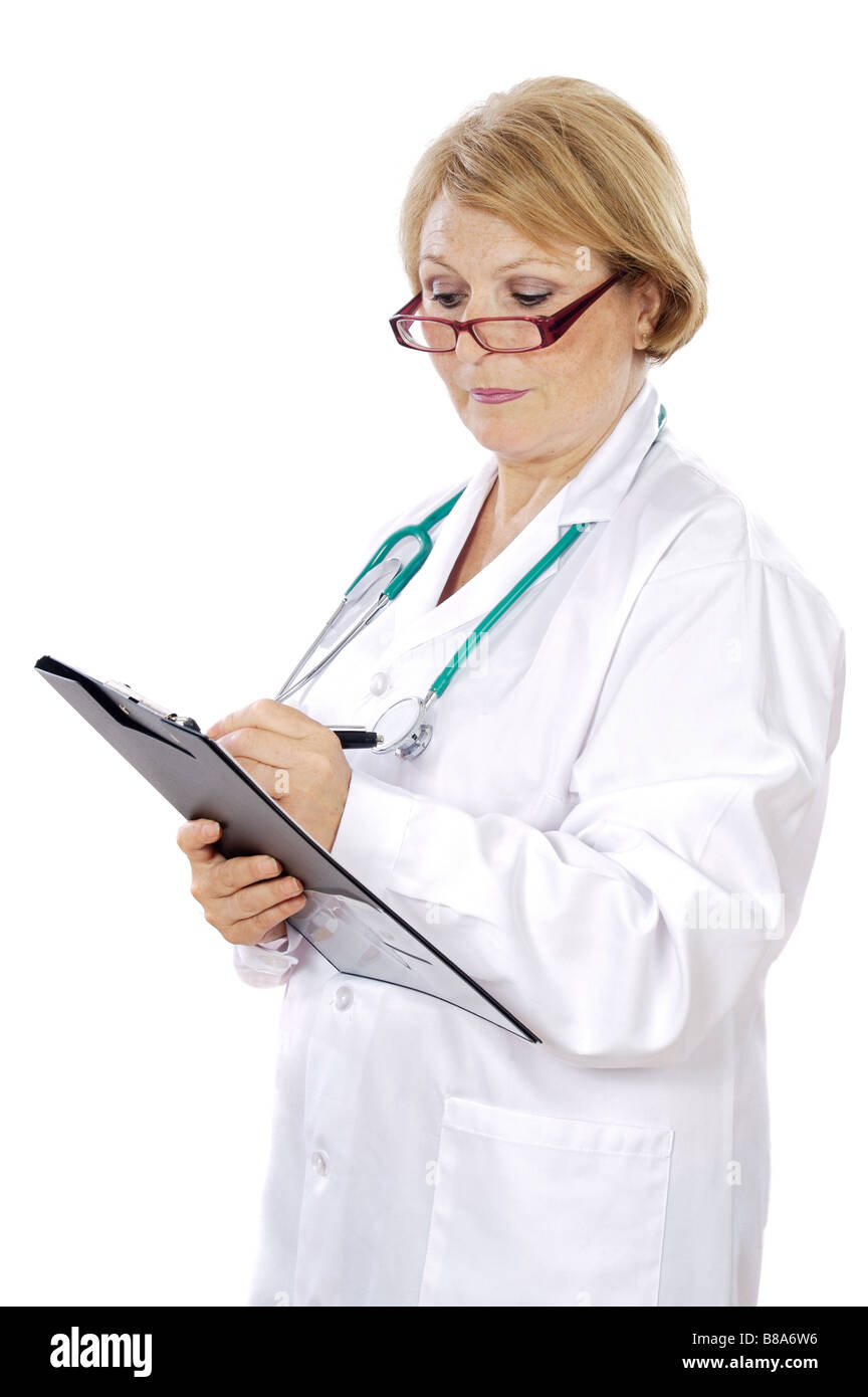 Female doctor writing a over white background Stock Photo - Alamy