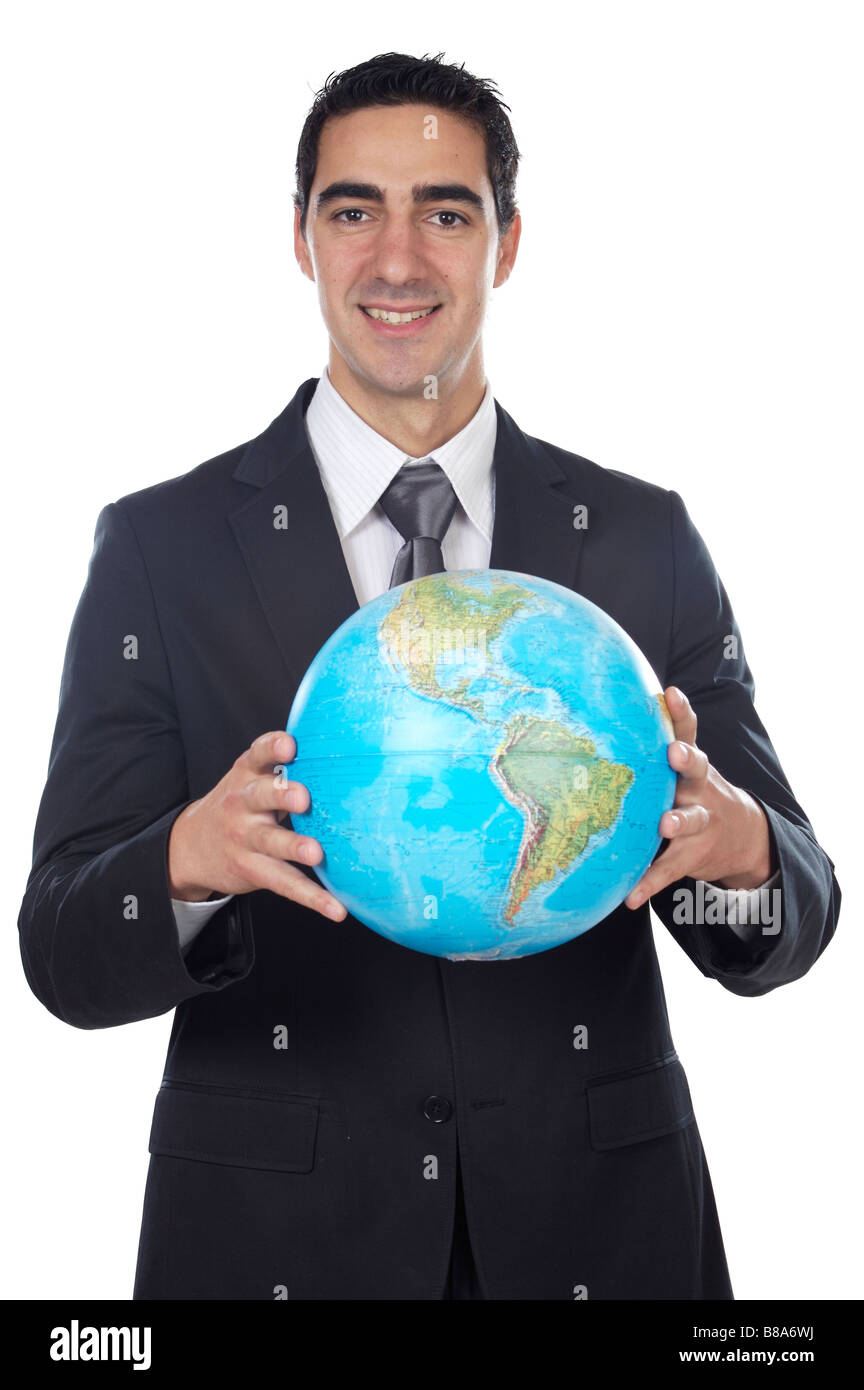 Man in a suit holding globe over white background Stock Photo - Alamy