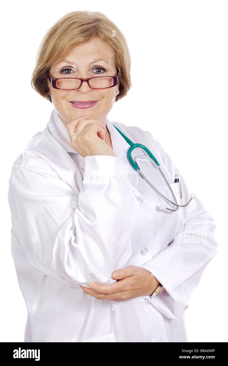 Female doctor thinking a over white background Stock Photo - Alamy