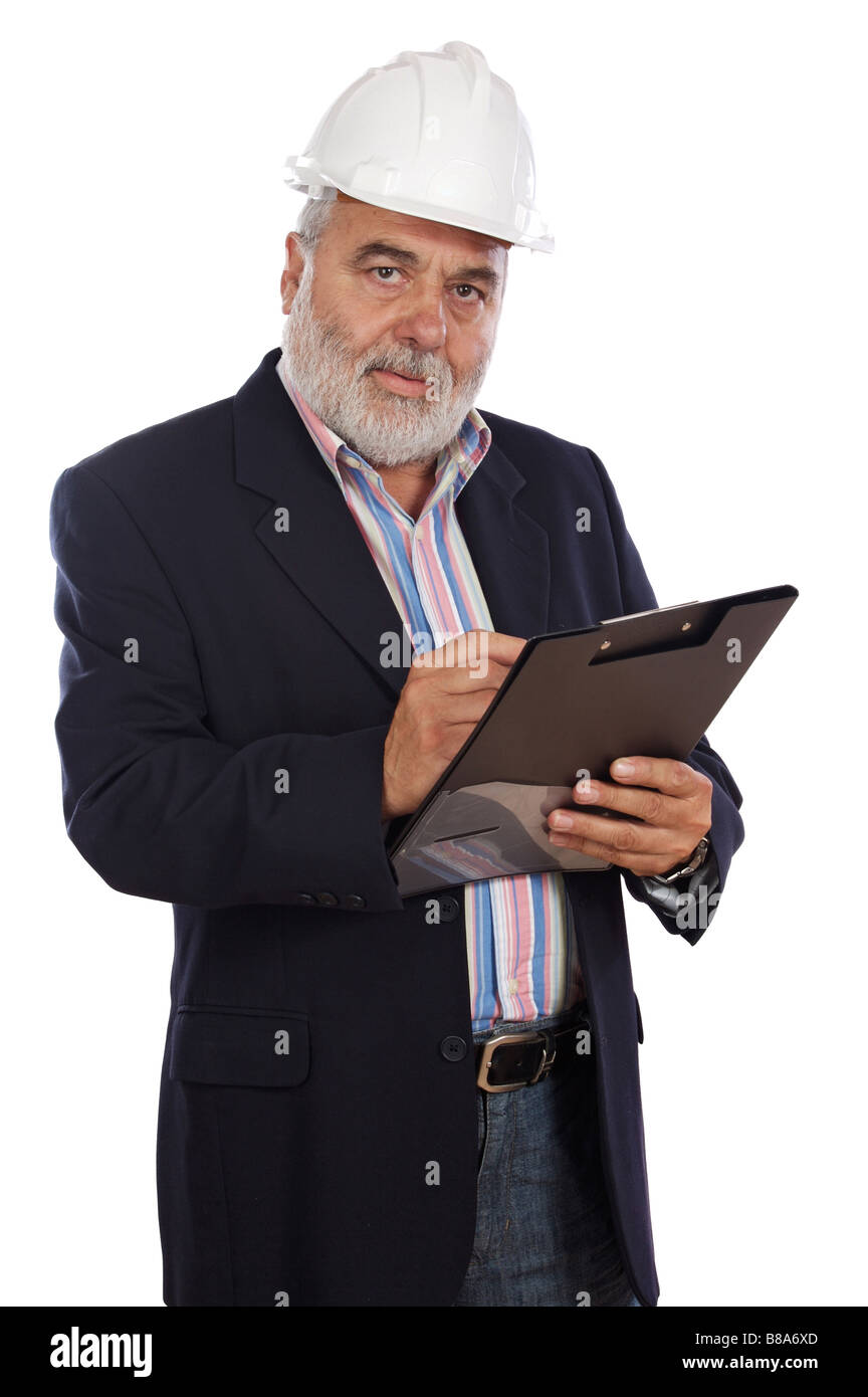 Engineer taking notes a over white background Stock Photo - Alamy
