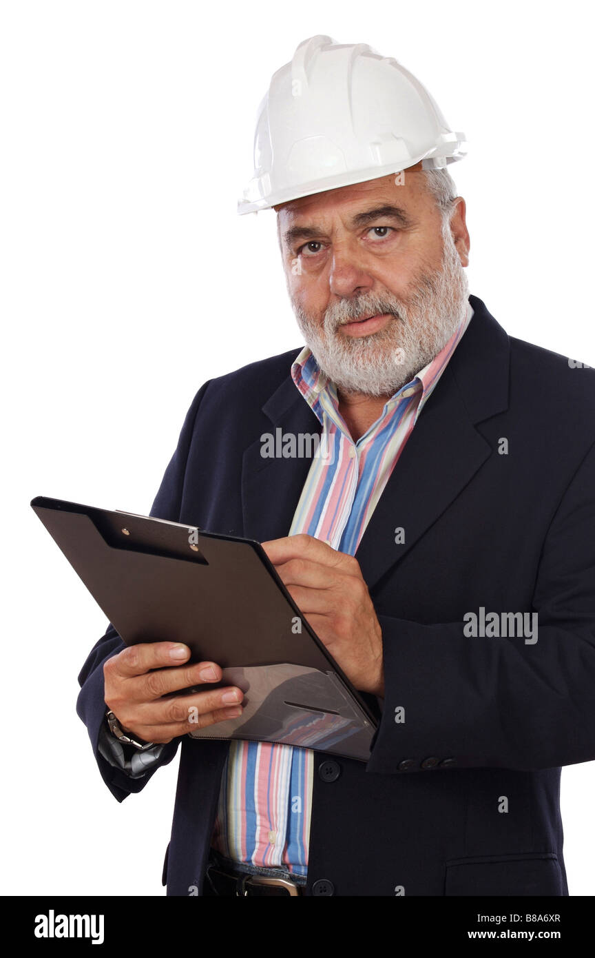 Engineer taking notes on a over white background Stock Photo - Alamy