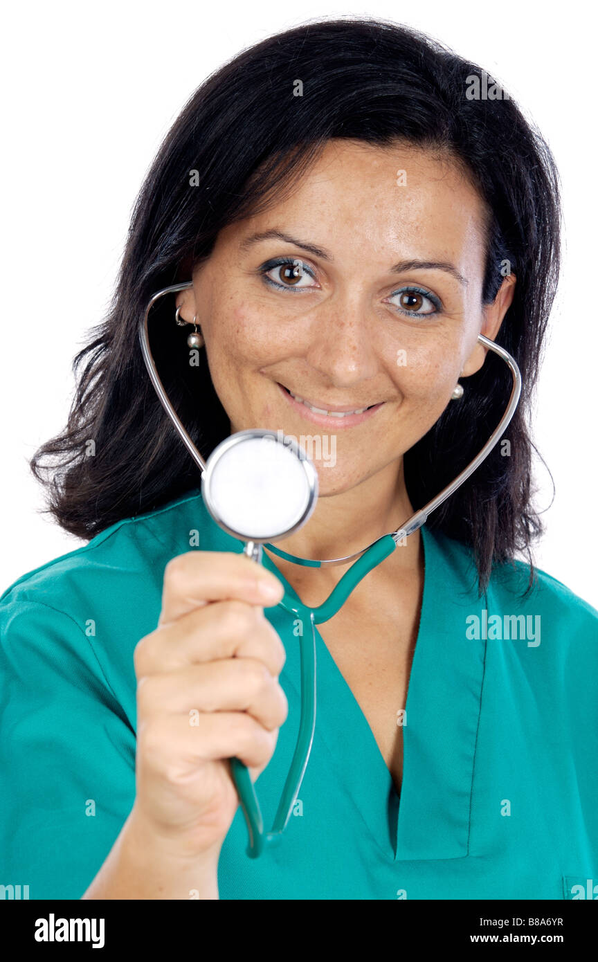 Attractive lady doctor over a white background focus in the face Stock ...