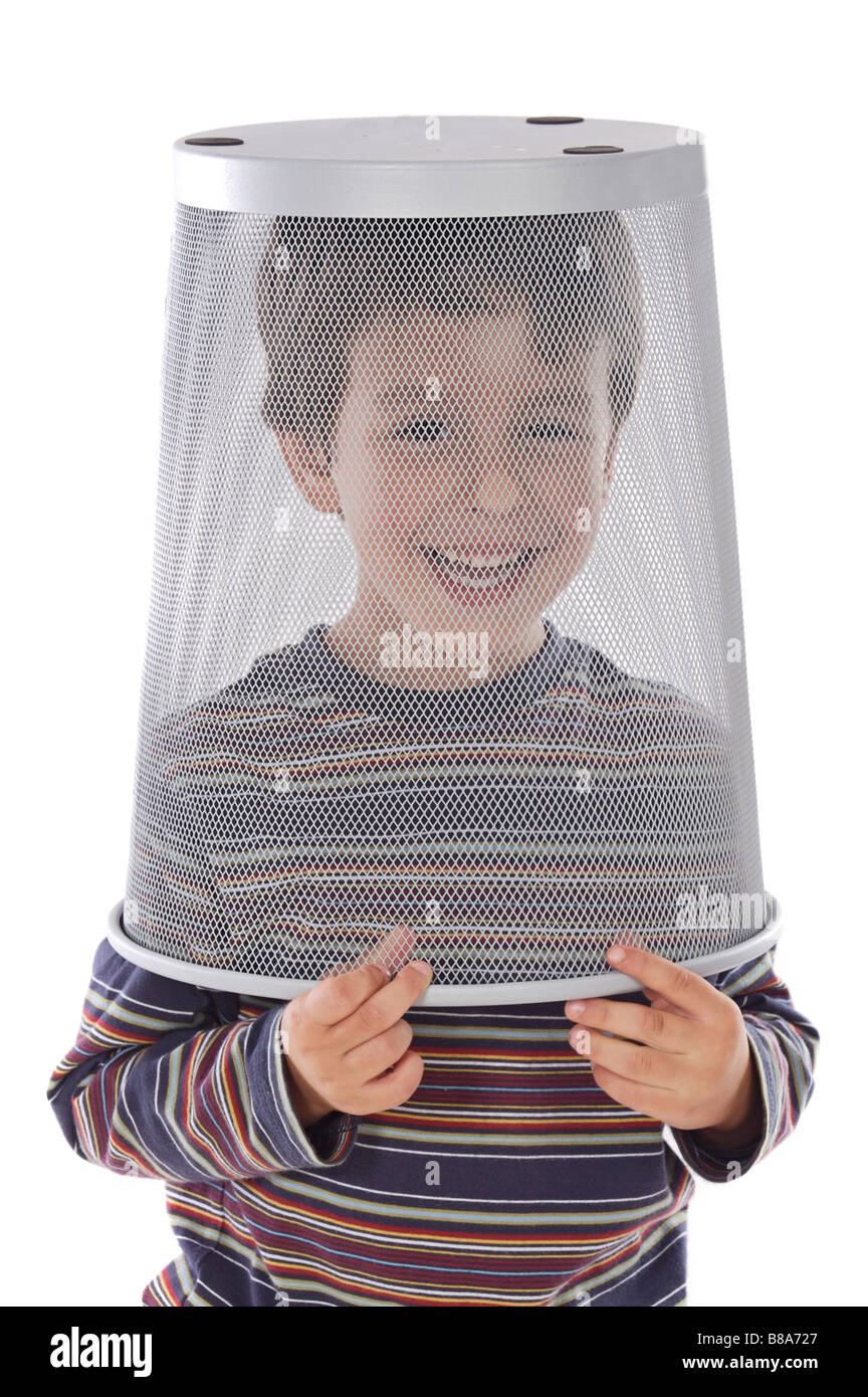 Funny child with the trash in the head on a white background Stock ...