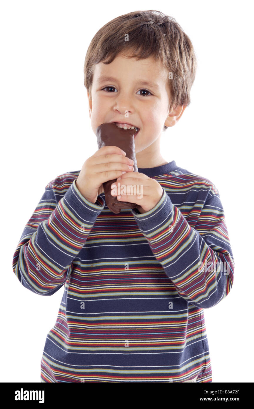 child eating chocolate a over white background Stock Photo - Alamy