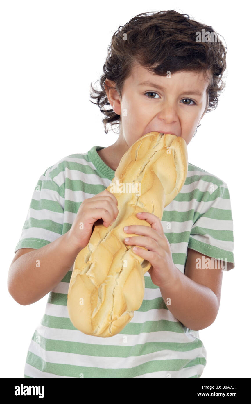 Child eating bread a over white background Stock Photo - Alamy
