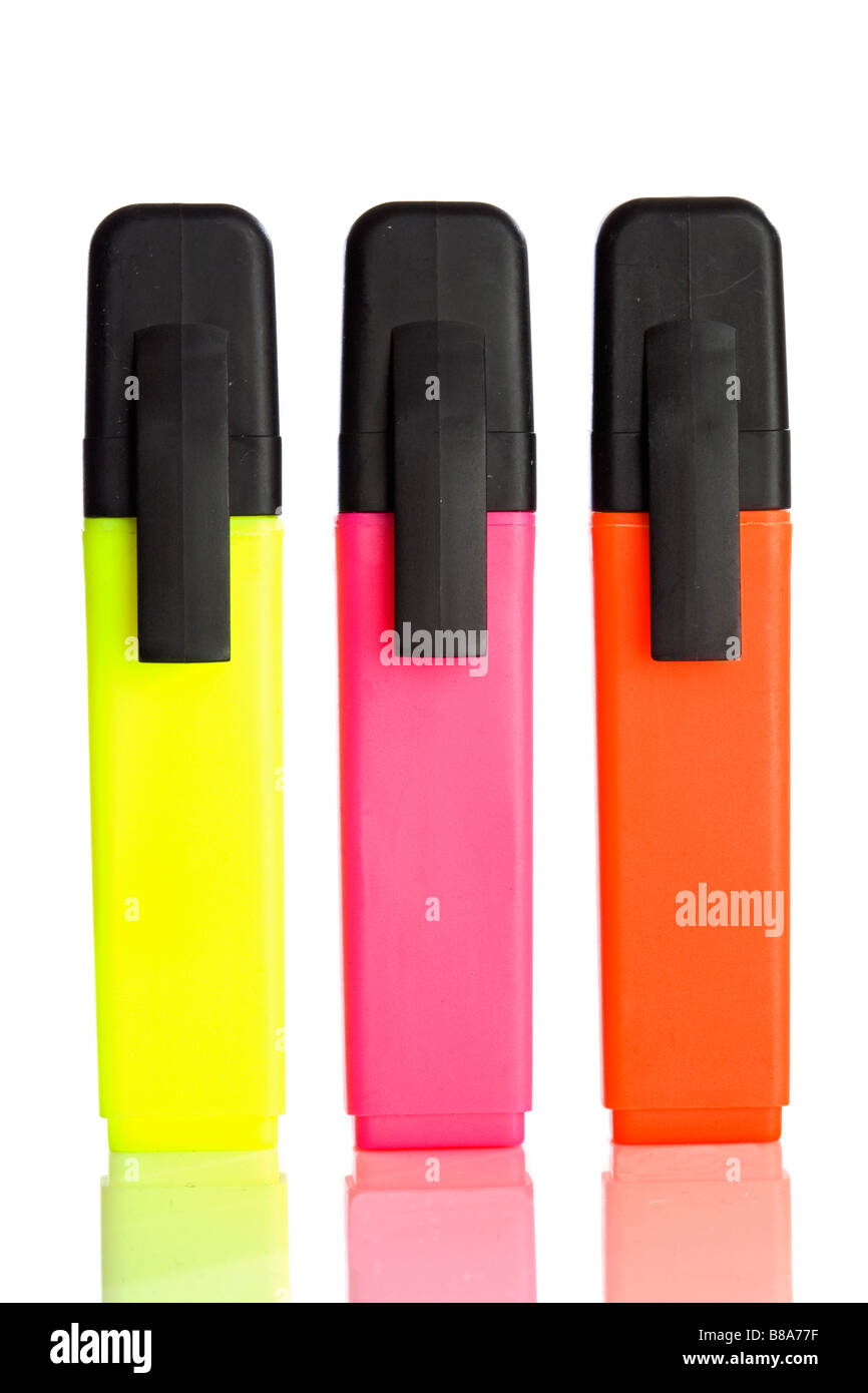 Three vertical fluorescent markers on a white background with ...