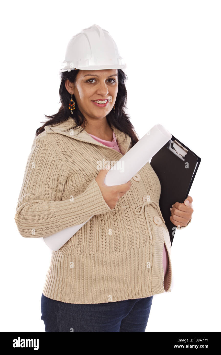 Attractive pregnant engineer on a over white background Stock Photo - Alamy
