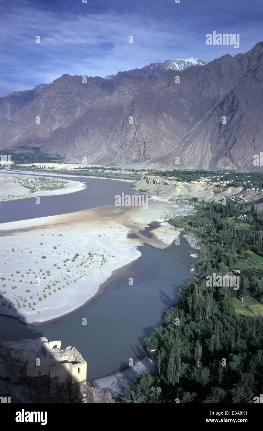river Indus valley sand bars floodplain peaks lush fields Skardu ...