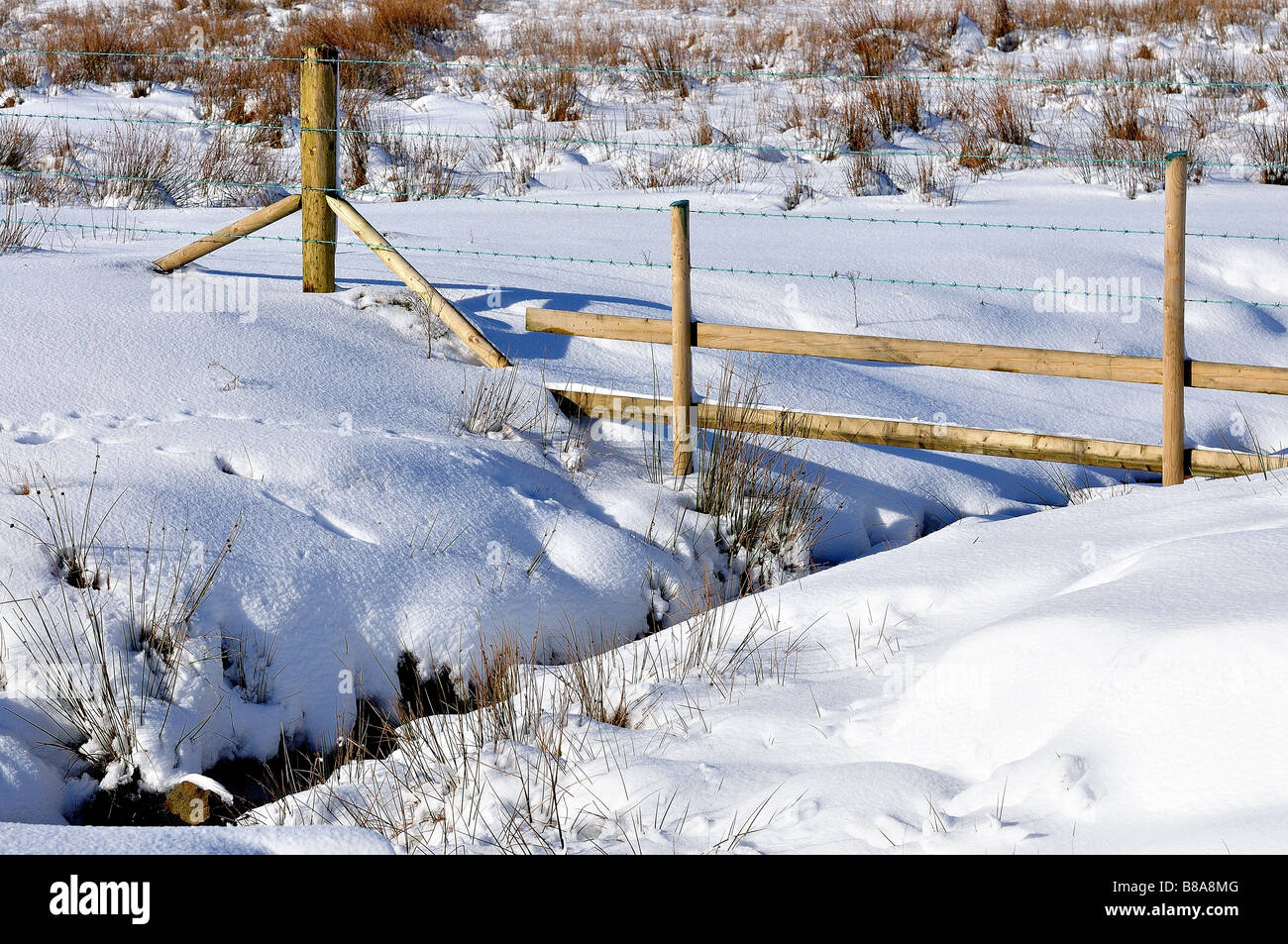 Fence over stream in winter Stock Photo - Alamy