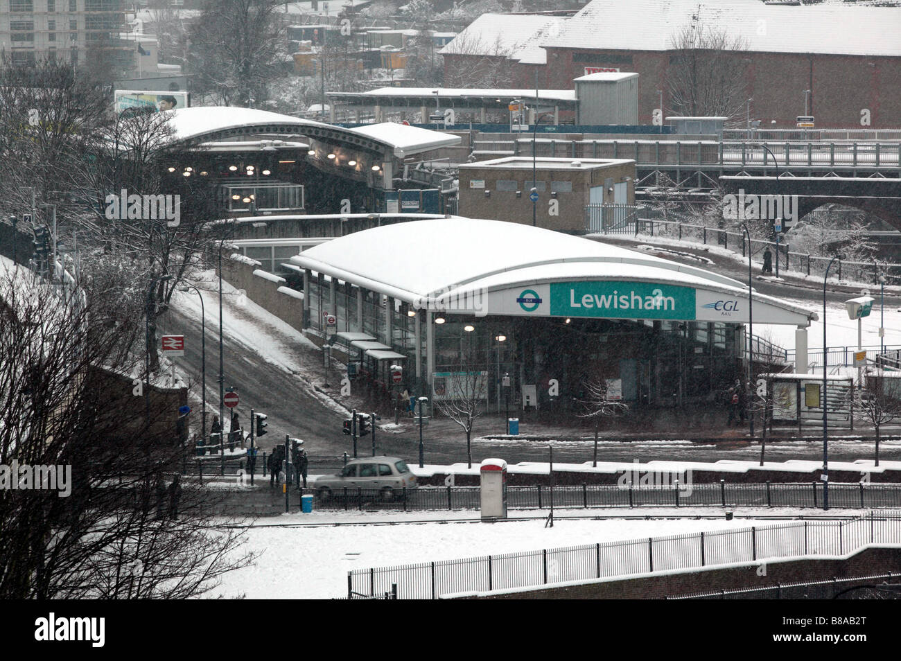 Aerial view of Lewisham station closed due to bad weather. Only the DLR ...
