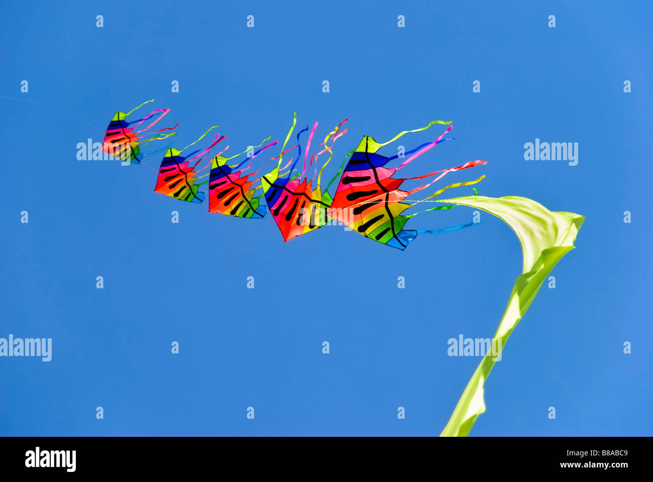 A very colourful kite with five heads and a long, lime green ribbon ...