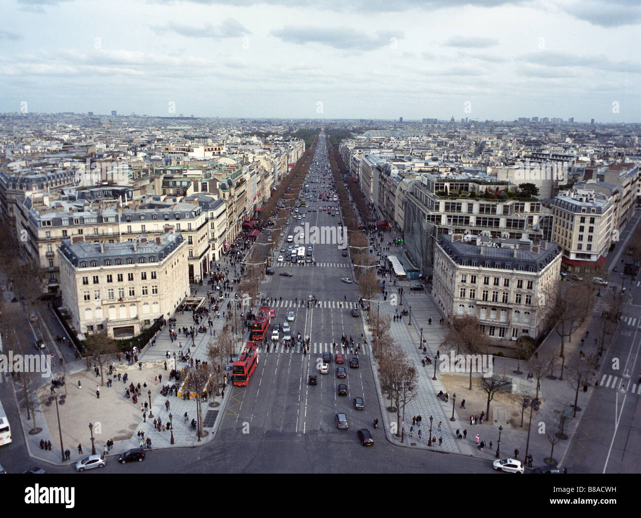 An aerial view of the Champs Elysee from L'Arc de Triumphe in Paris ...