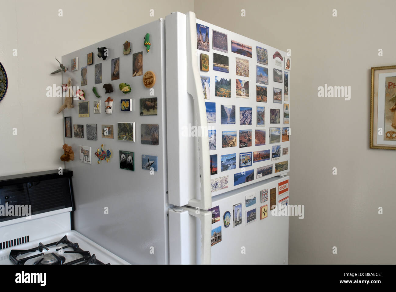 A refrigerator with a collection of souvenir magnets collected during ...