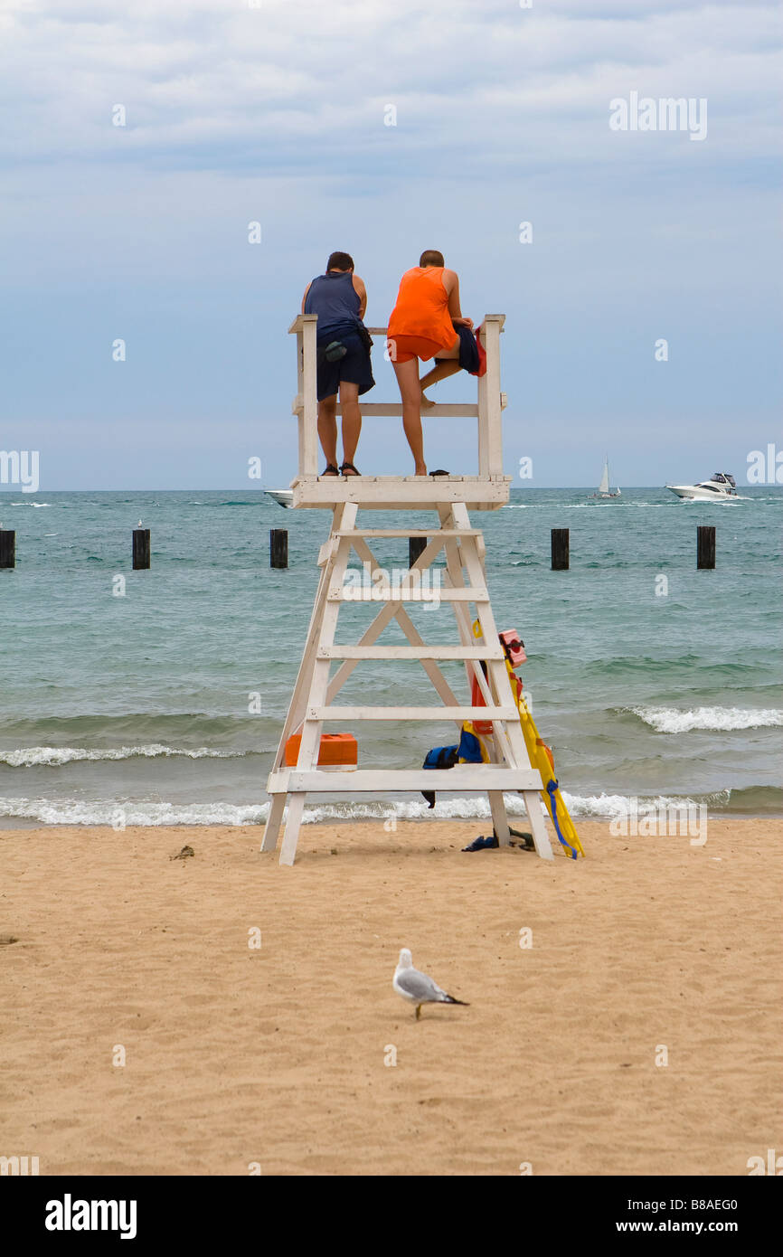Lifeguards on duty at a beach on Lake Michigan near Lincoln Park ...