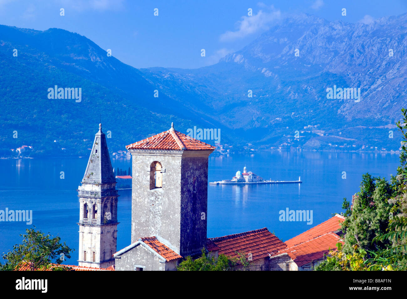 Church steeples and Lake Kotor with the village of Perast Montenegro ...