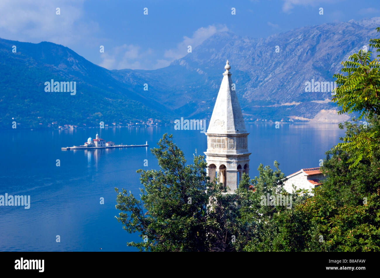 Church steeples and Lake Kotor with the village of Perast Montenegro ...