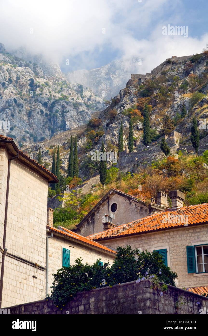 The medieval walled village of Kotor Montenegro with fortress on Lake ...