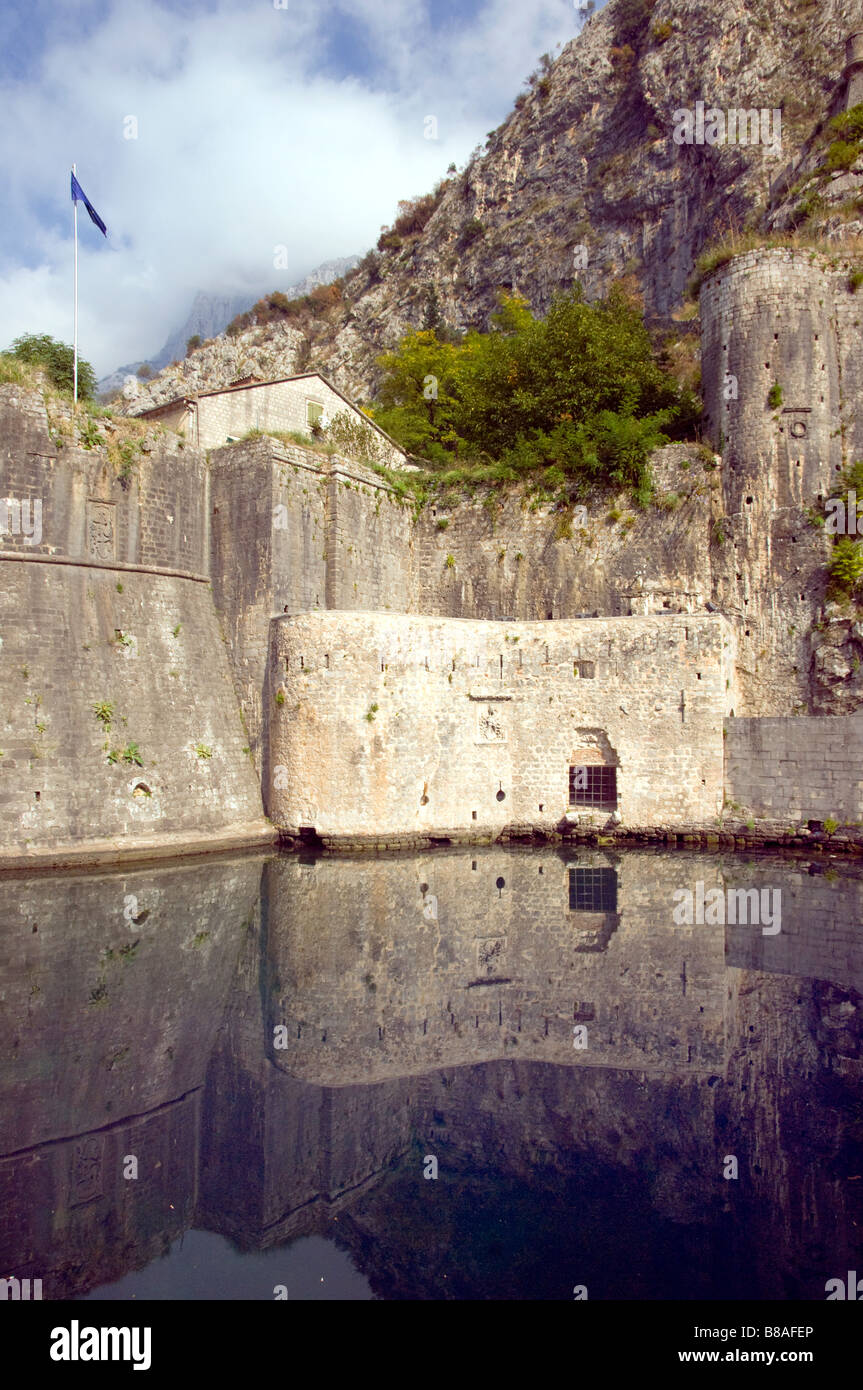 The medieval walled village of Kotor Montenegro with fortress on Lake ...