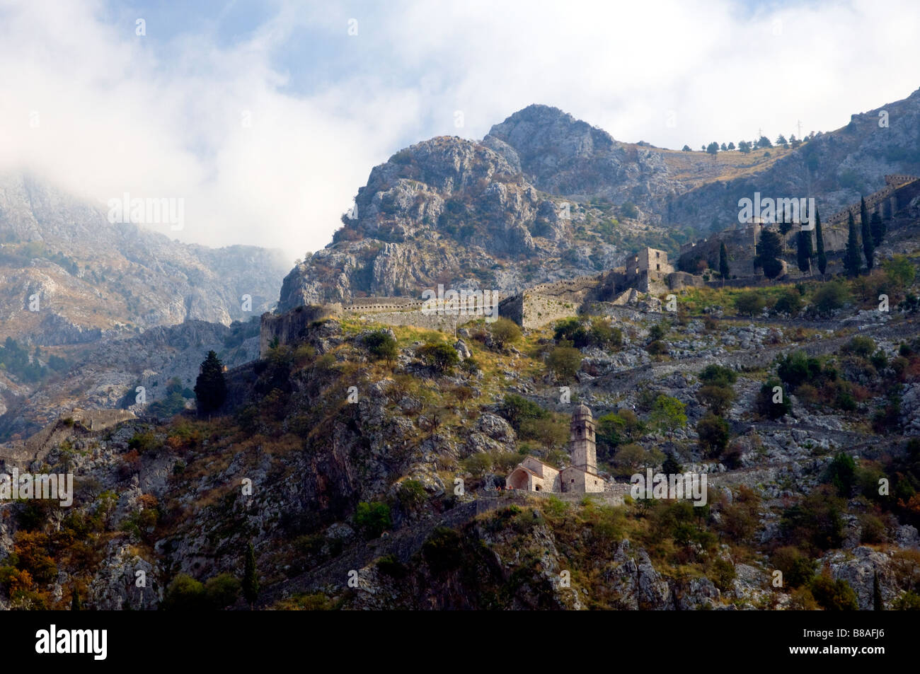 The medieval walled village of Kotor Montenegro with fortress on Lake ...