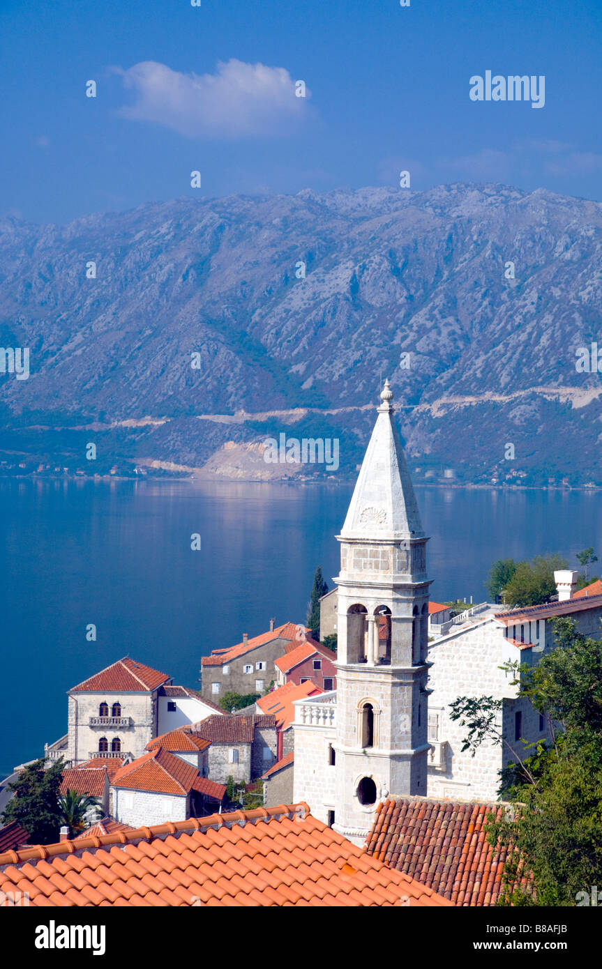 Church steeples and Lake Kotor with the village of Perast Montenegro ...
