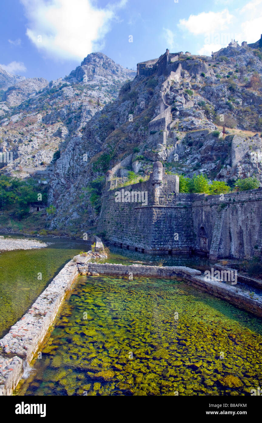 The medieval walled village of Kotor Montenegro with fortress on Lake ...