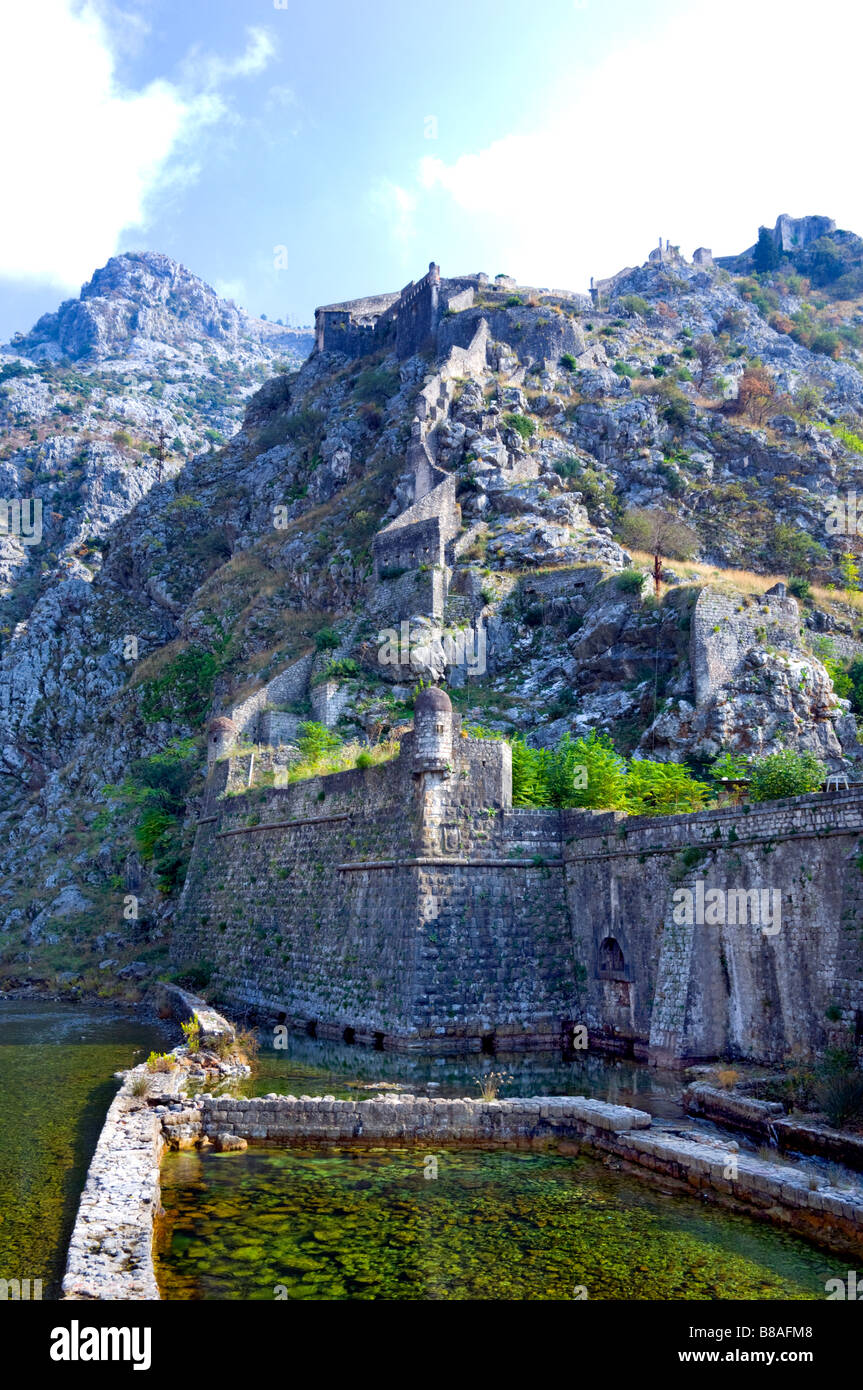 The medieval walled village of Kotor Montenegro with fortress on Lake ...