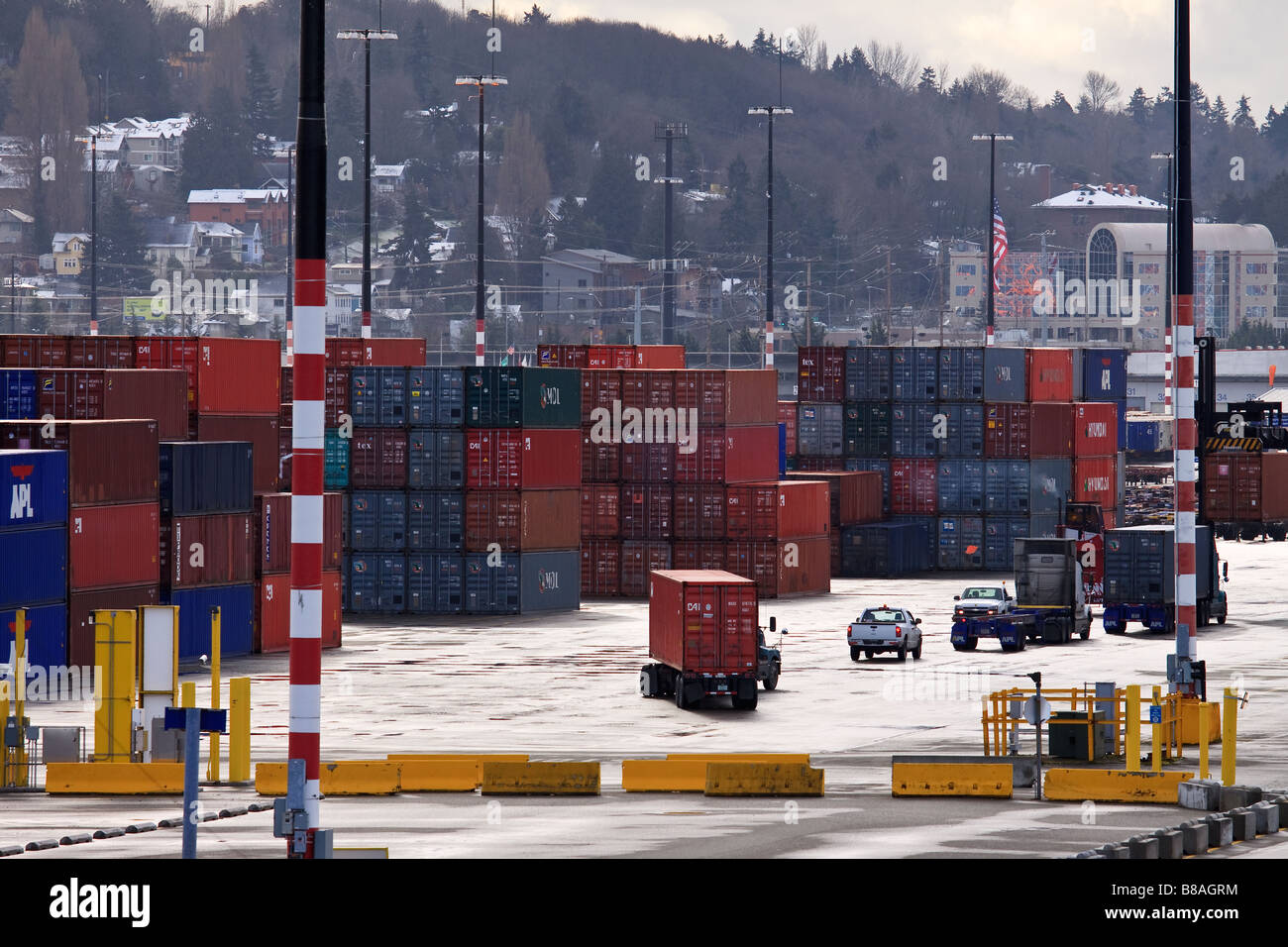 Shipping containers stacked in loading yard Harbor Island Seattle ...