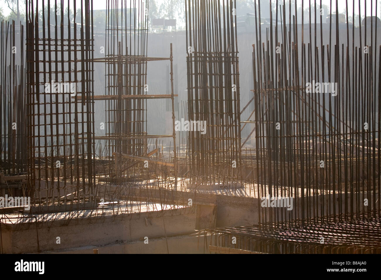 The steel rods of a construction site's foundations in Bangalore, India ...