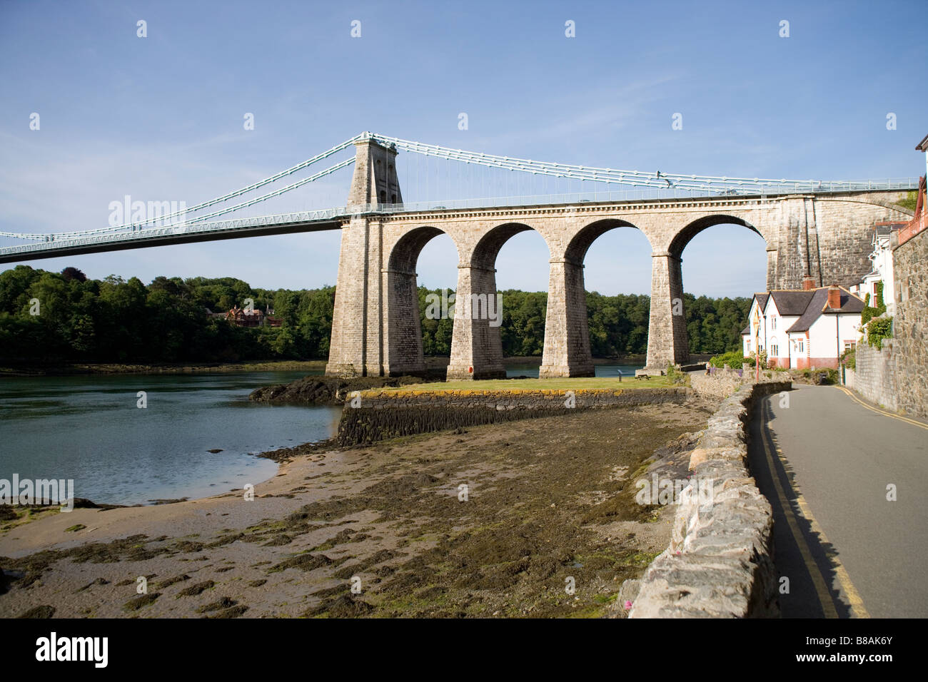 The Suspension Bridge and Menai Straits from Menai Bridge town on ...