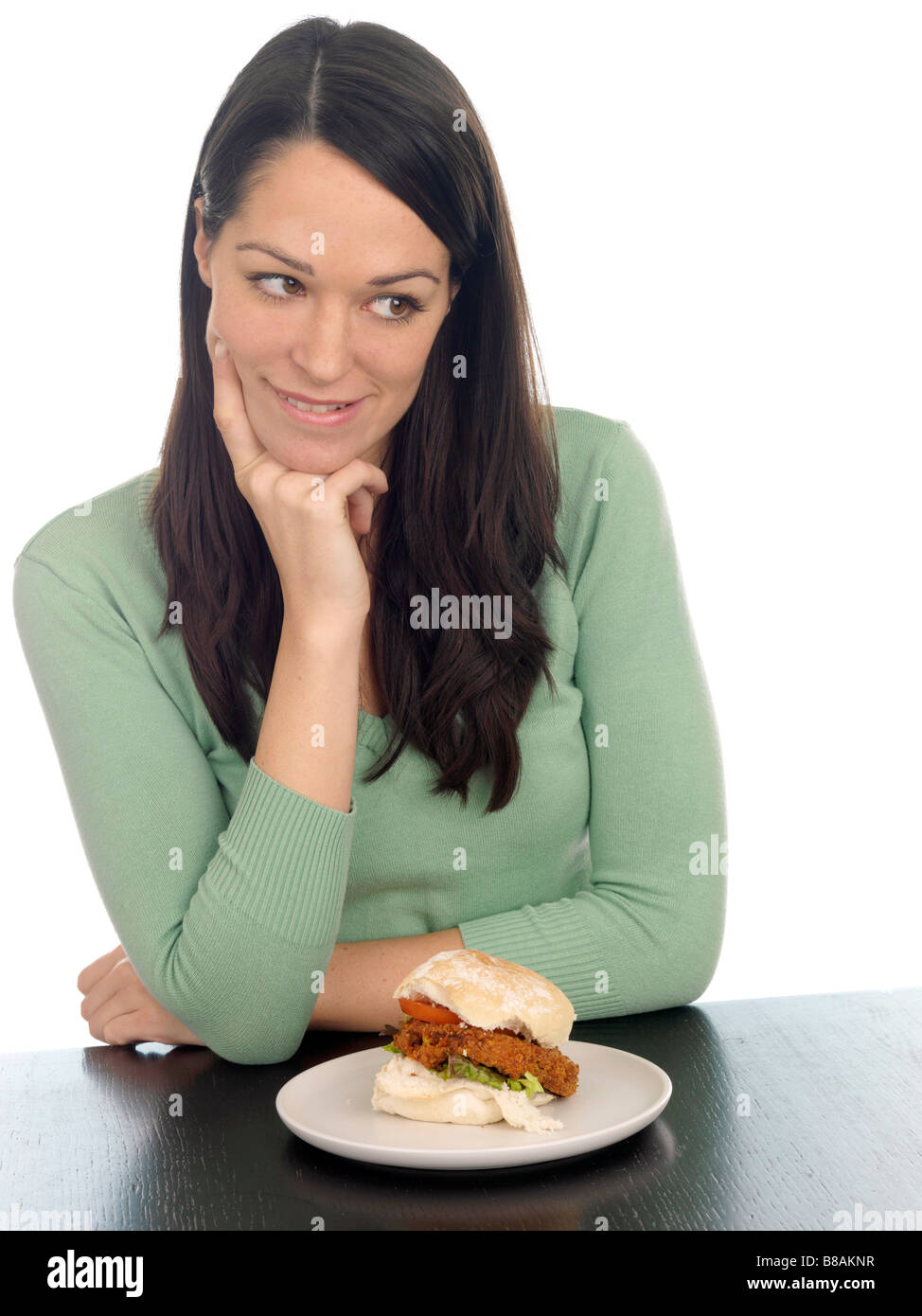 Young Woman With Bean Burger Model Released Stock Photo - Alamy