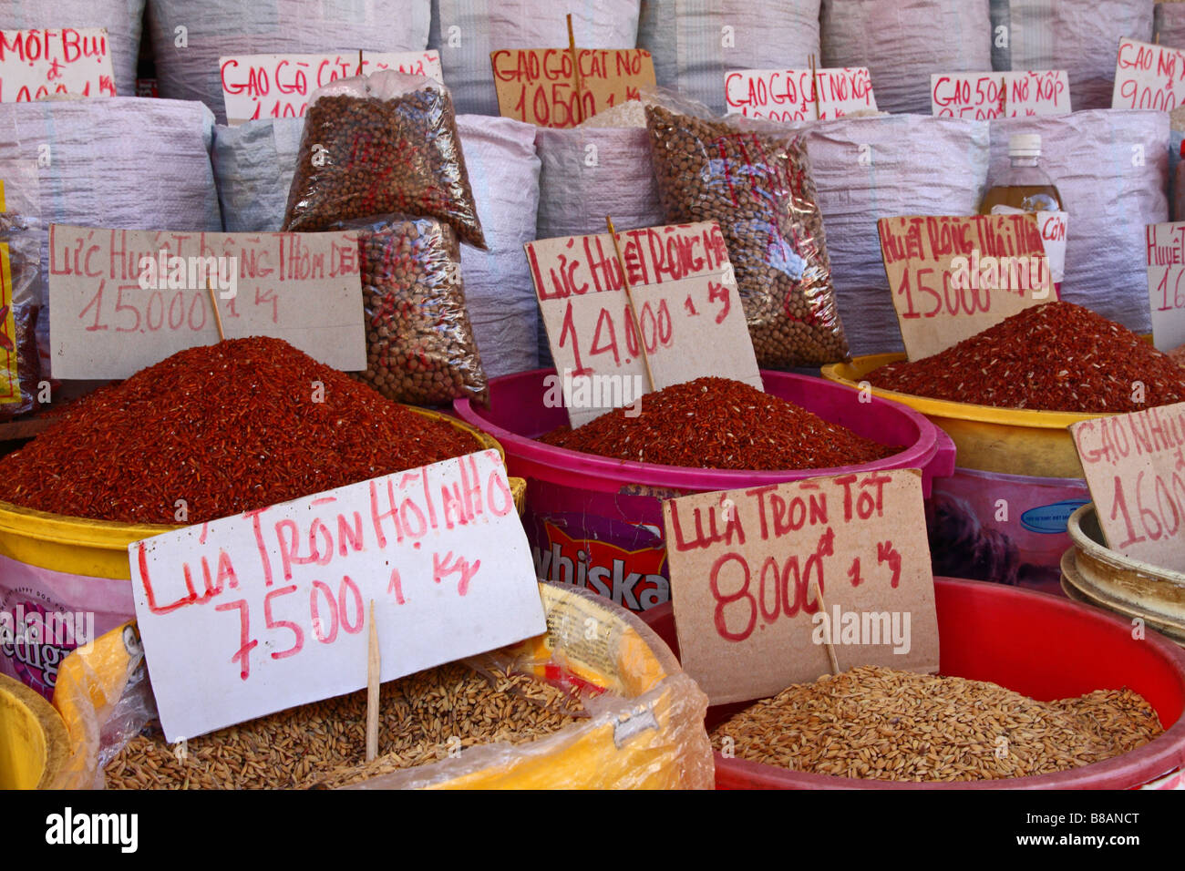 Different kind of coloured rice on sale in My Tho local market. Mekong ...