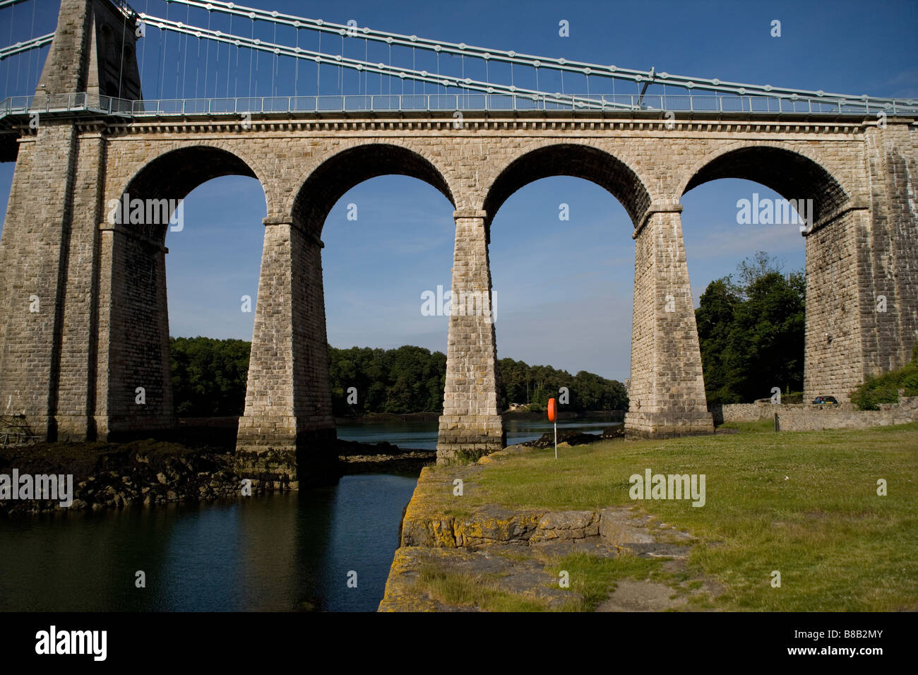 The Suspension Bridge and Menai Straits from Menai Bridge town on ...