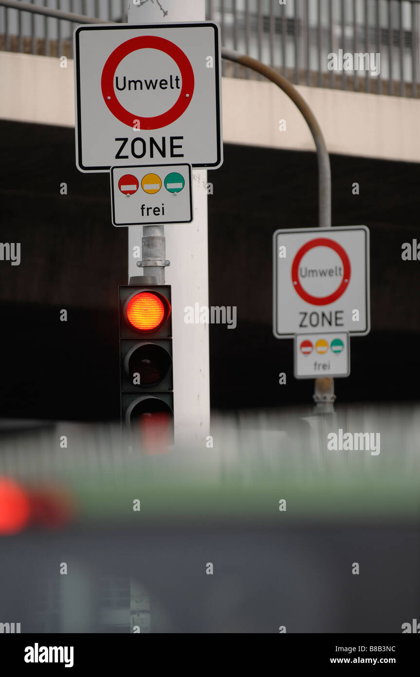 Road signs marking the environmental zone in the downtown area of the ...