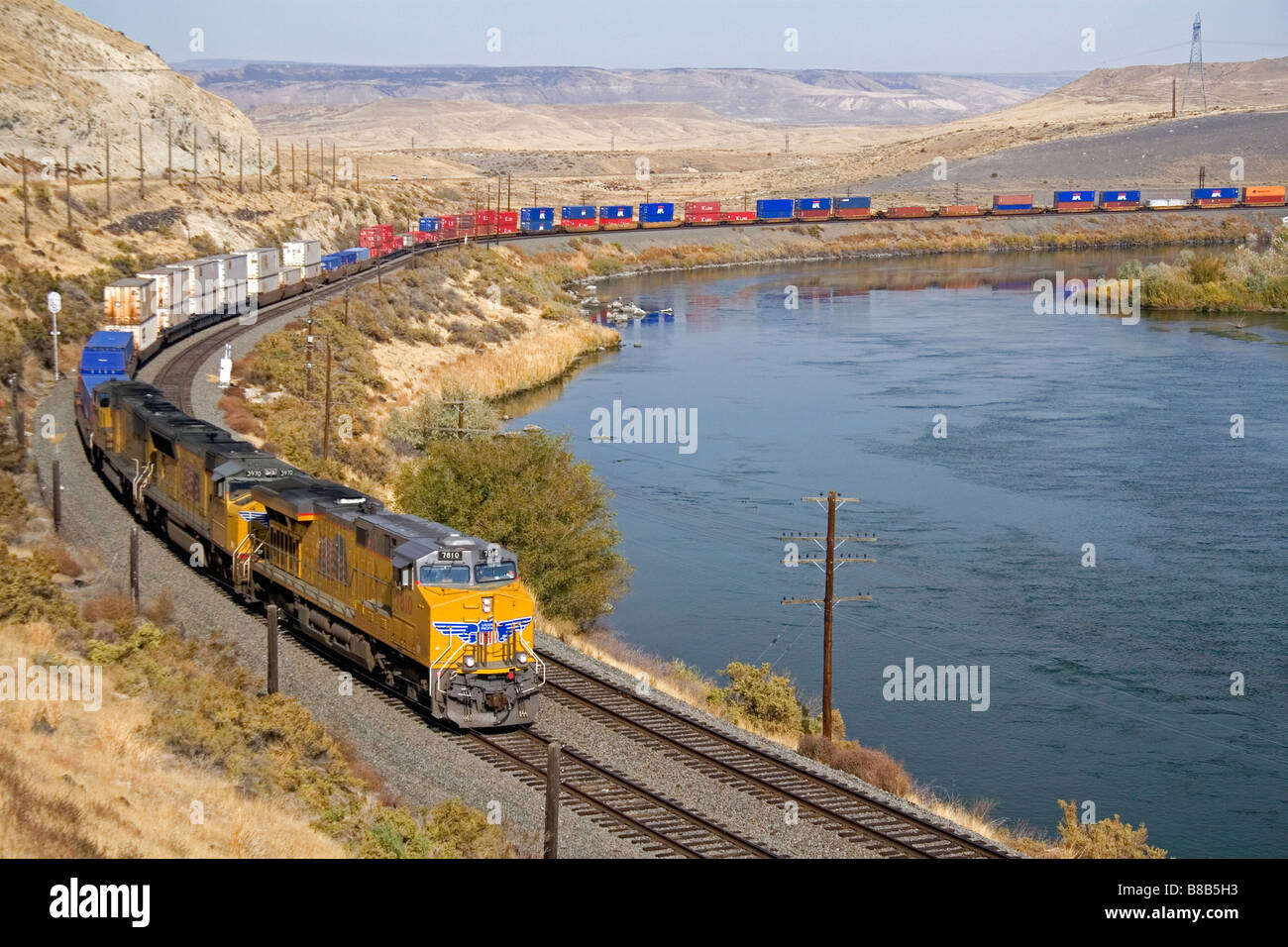 Union Pacific intermodal container train traveling along the Snake ...