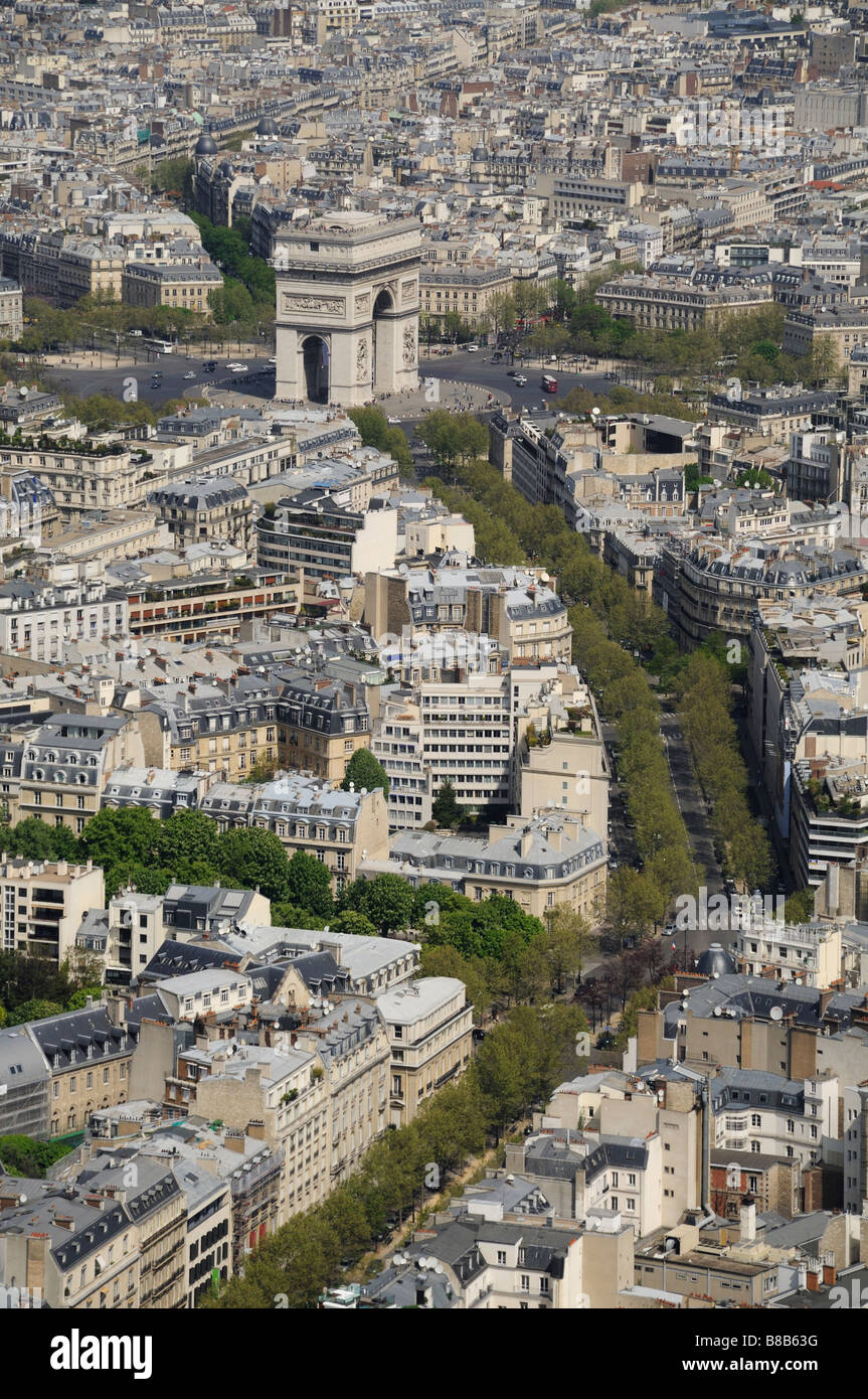 An elevated view looking over Paris towards the Arc de Triomphe taken from the Eiffel Tower on a ...