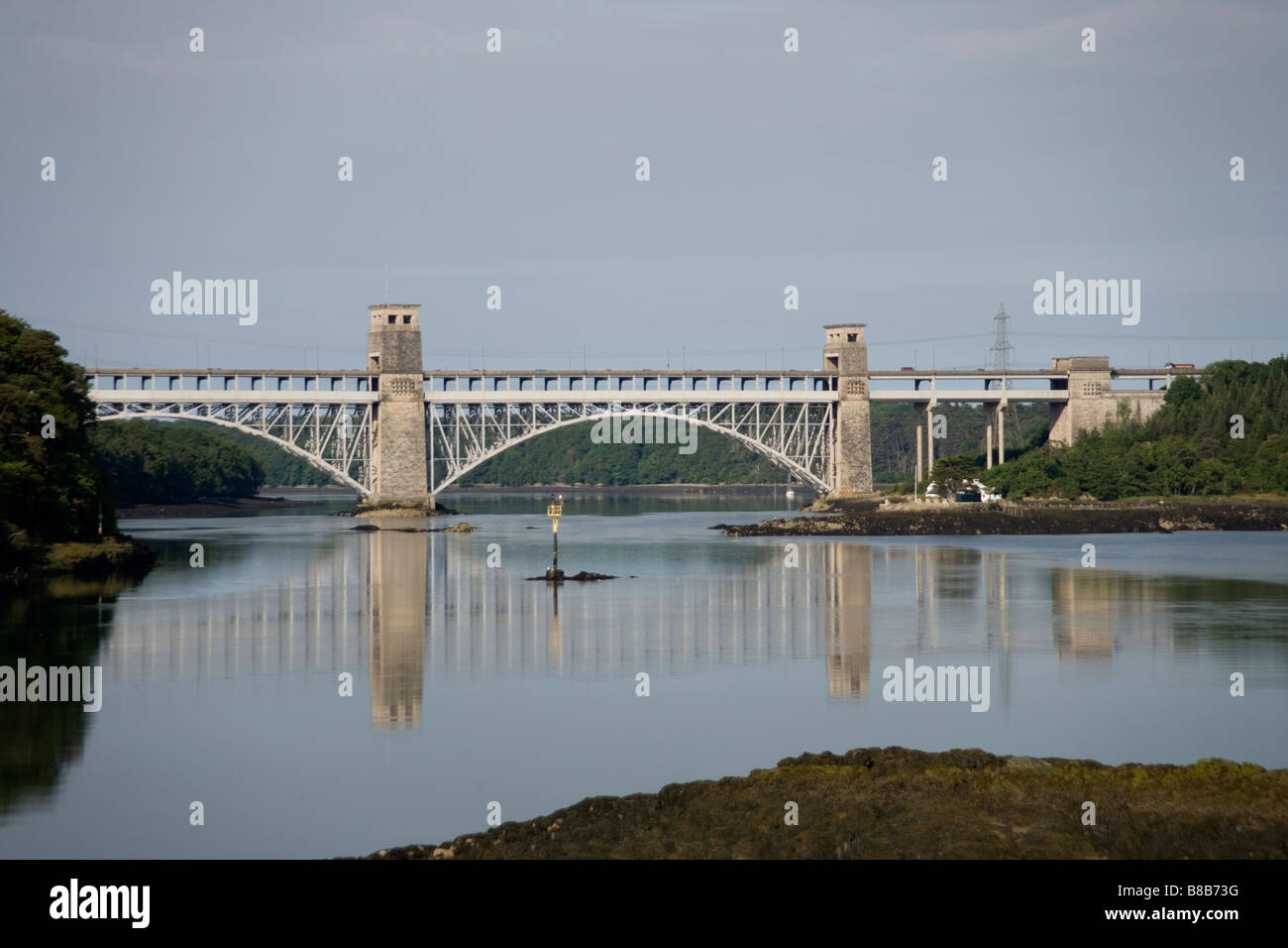 Britannia Bridge over the Menai straits from Anglesey,Gwynedd, North ...
