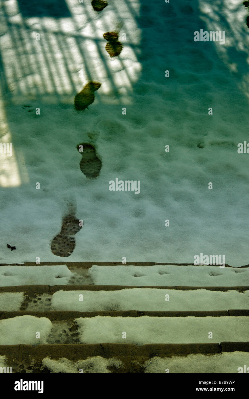 Footprints in the snow leading up steps in the shadows Stock Photo - Alamy