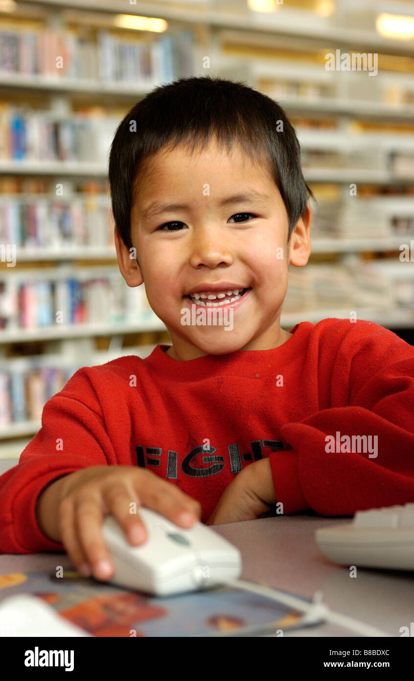 Boy Working Computer, Library, Cambridge Bay, Nunavut Stock Photo - Alamy