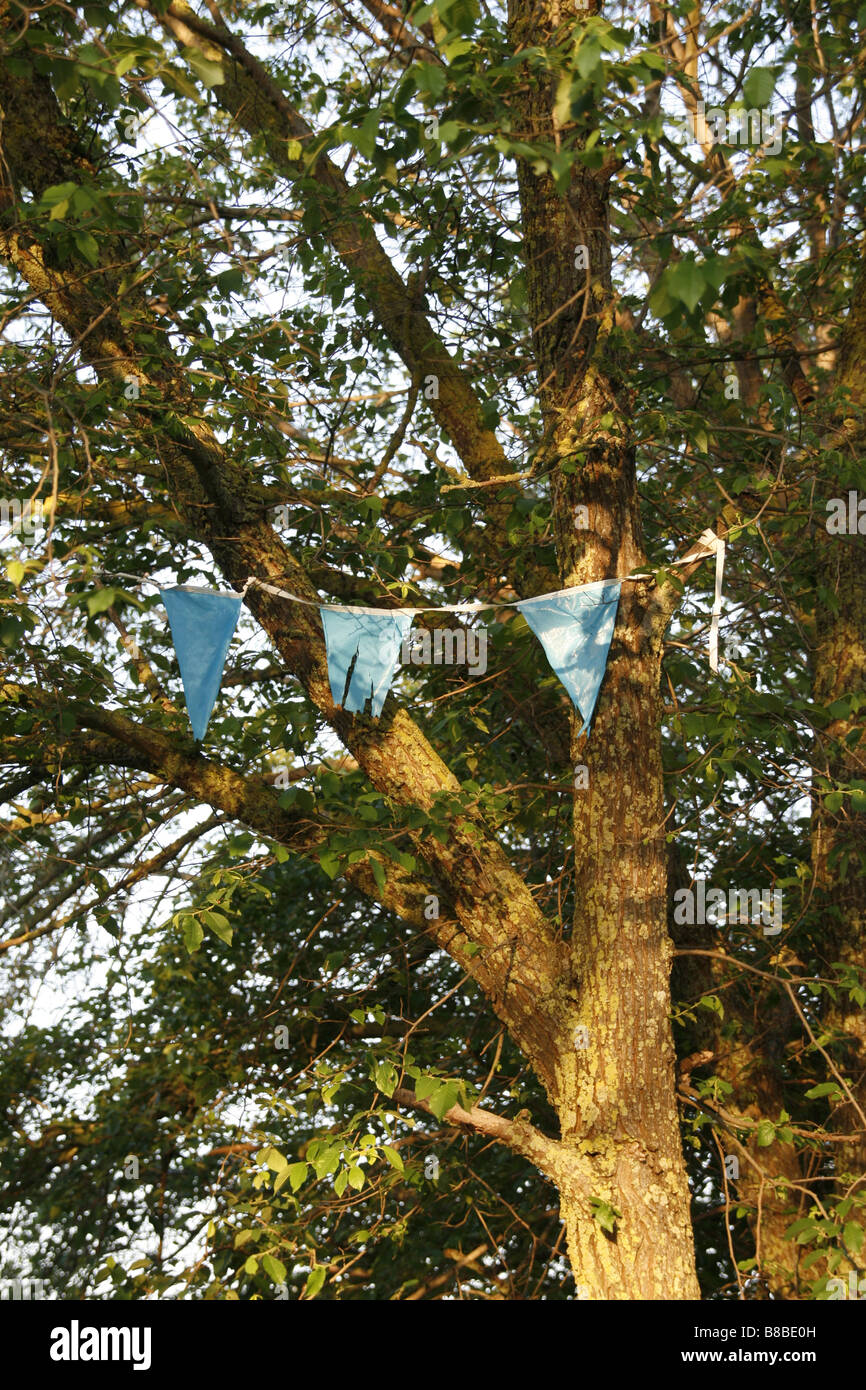 many colourful carnival flags decorations in street party outdoors in ...