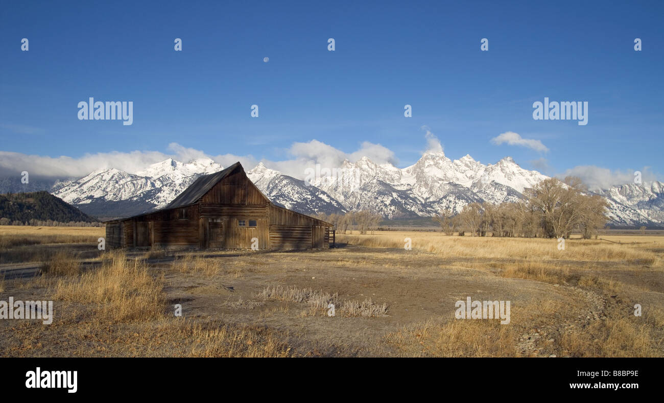 The Grand Tetons Mountain Range with Homestead Ranch and Barn Stock ...