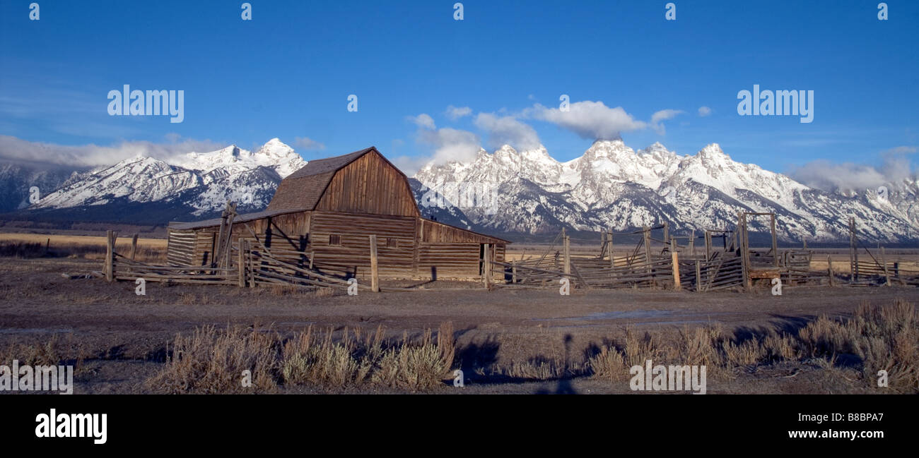 The Grand Tetons Mountain Range with Homestead Ranch and Barn Stock ...