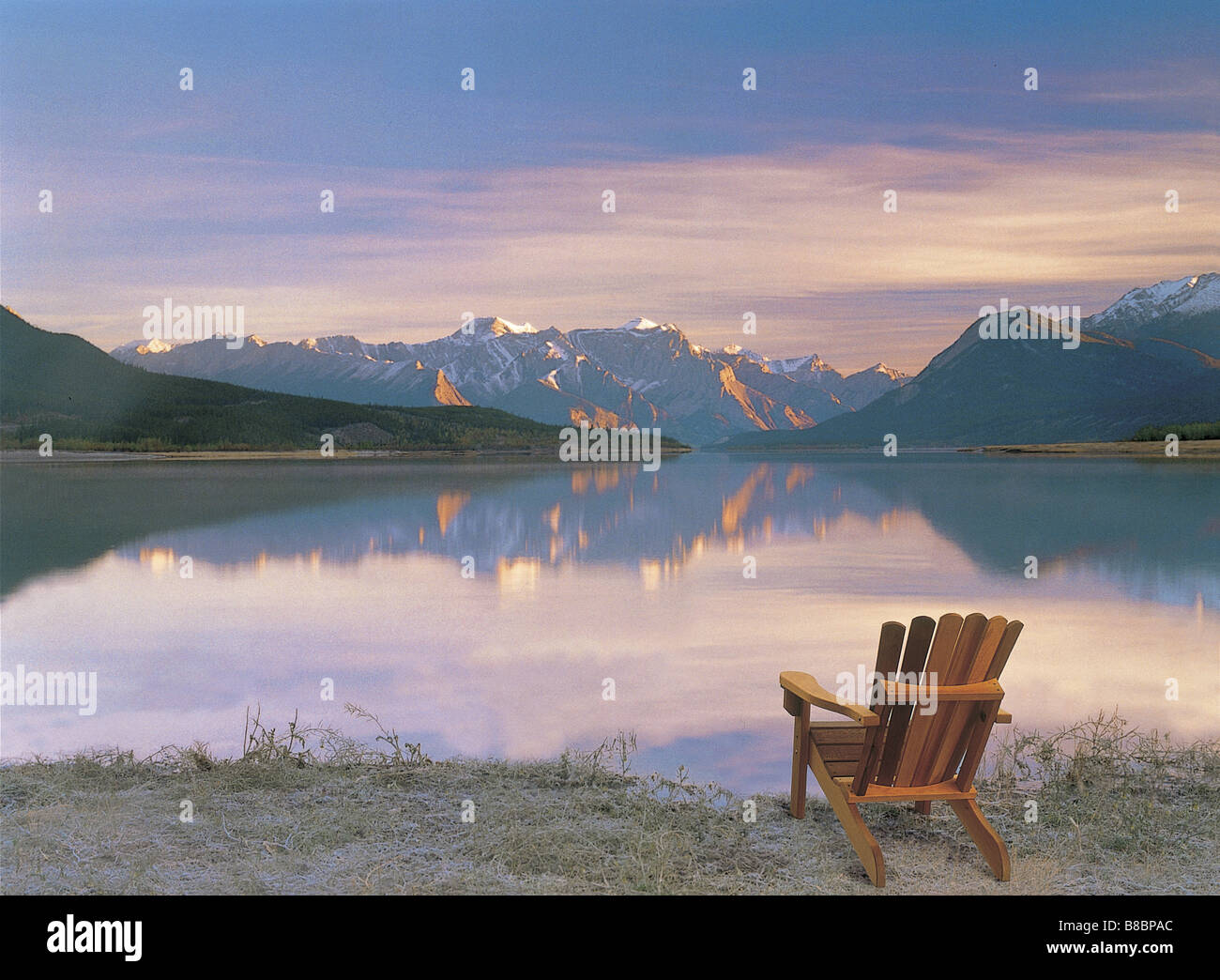 FL4189, Darwin Wiggett; Adirondack Chair Edge Lake Mountains Background ...