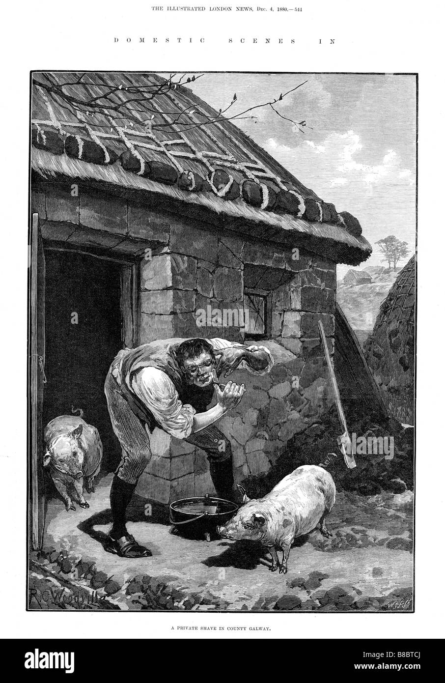 A Private Shave In Galway 1880 engraving of rural life in Ireland with ...