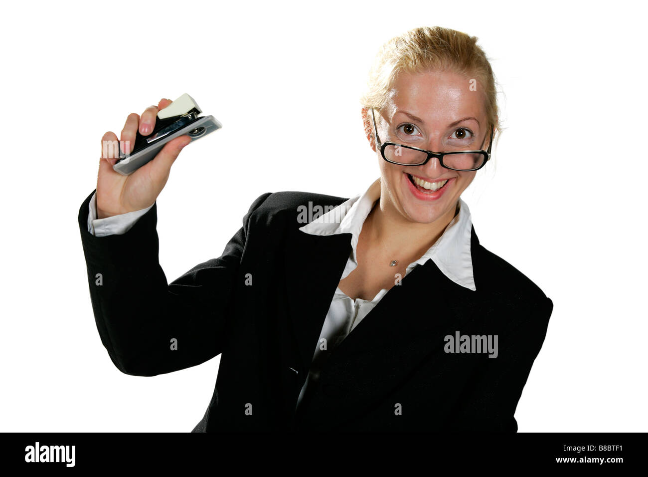 domineer young lady command stationery paper stapler against stapler ...