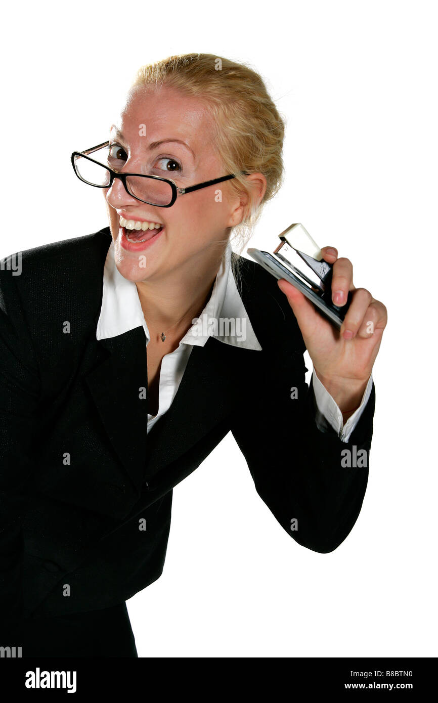 domineer young lady command stationery paper stapler against stapler ...