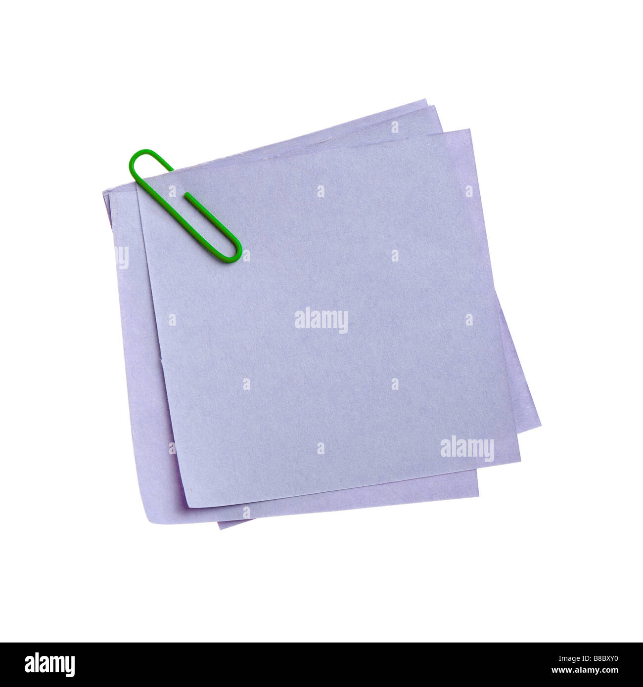 Blue paper note with green clinch It is attached red pin on a white ...