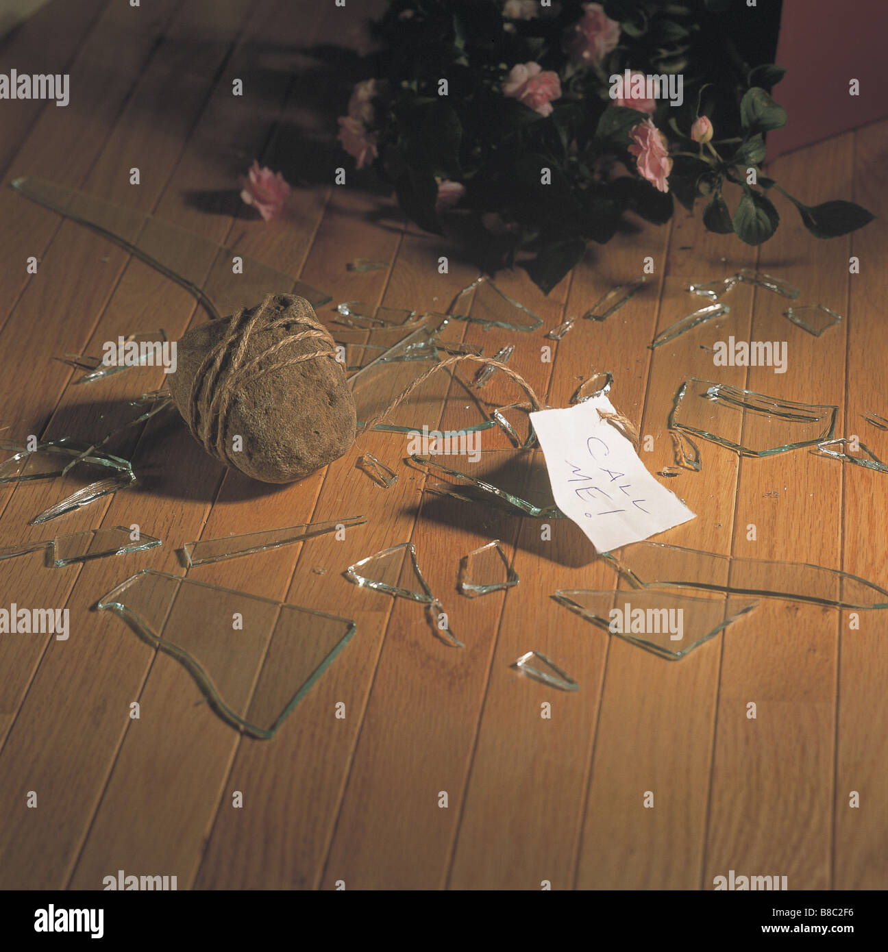 FL5350, Ron Elmy; Rock Thrown Through Window Message Call Me Note Stock ...