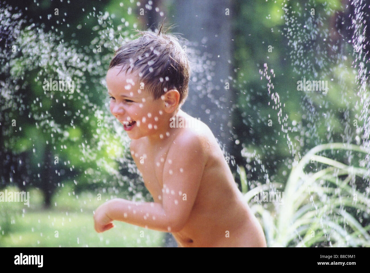 FL6120, Silver Parrot Studio; Boy Running Through Sprinkler Stock Photo ...