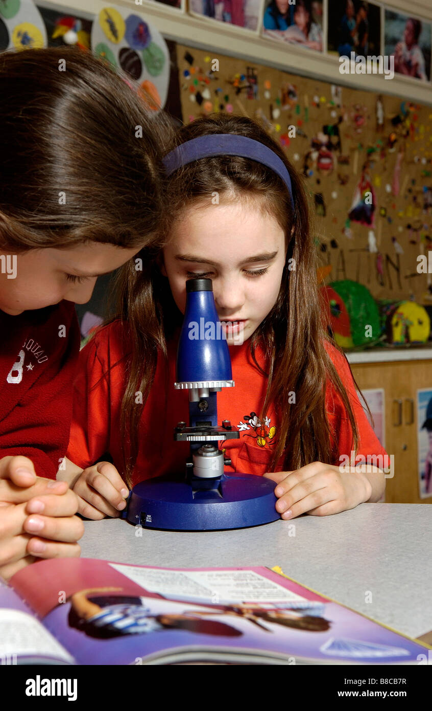 Young Girl using Microscope Classroom Stock Photo - Alamy