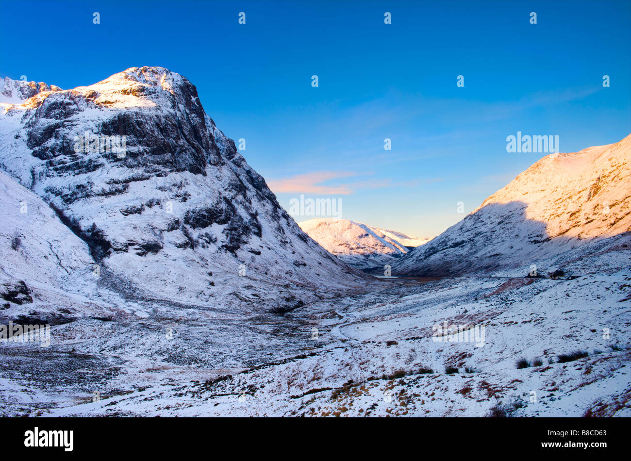 Looking down Glen Coe covered in snow Winter 2009 Scotland Stock Photo ...